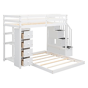 Favfurish Twin Over Full Bunk Bed with 3-Layer Shelves,Wood L-Shape High Loftbed Frame W/ 4 Drawers & Storage Stairs,No Box Spring Required,Slats Support,for Kids Teens Adults,White