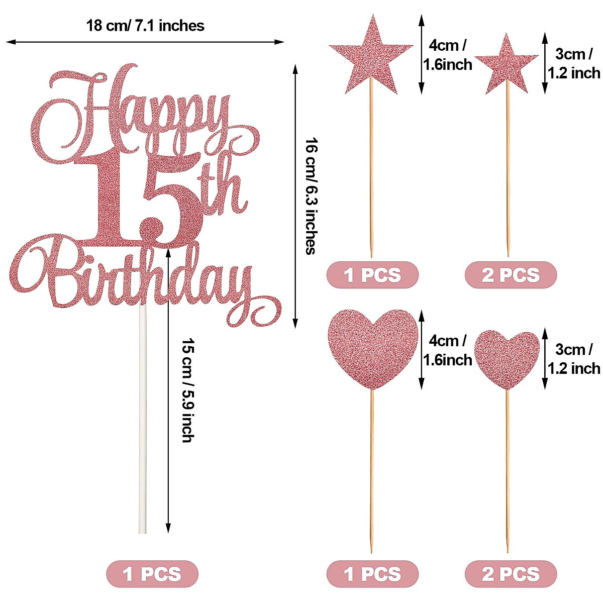 15th Birthday Cake Decorations Set Include 15th Birthday Candles Numeral 15 Cake Candles and Happy 15th Birthday Cake Toppers with Heart Star Cupcake Picks for Birthday Party (Rose Gold Series)