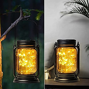 EVERMORE Solar Lantern Outdoor Hanging Mason Jar Lights 4 Packs with 30 LED Lights with Angel Pattern Waterproof Retro Design Decor for Garden Patio Lawn Yard