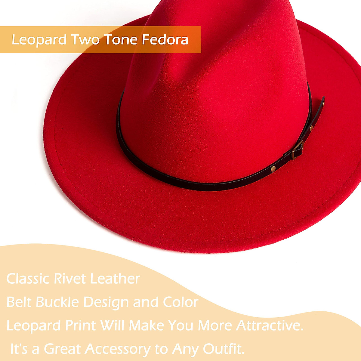 Gossifan Women Two Tone Wide Brim Fedora Felt Panama Hats Classic Belt Buckle Red/Leopard