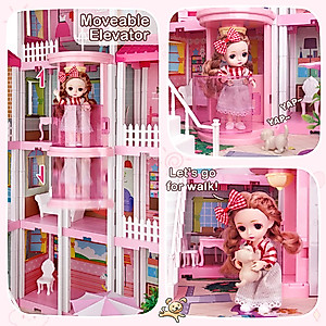 Doll House Playset with Elevator,Slide,Stairway,Lights,Furniture,Accessories,Pretend Play Dollhouse with 3 Dolls& 2 Pets,Doll House for 3 4 5 6 7 8 Year Old Kids Girls (13 Rooms)