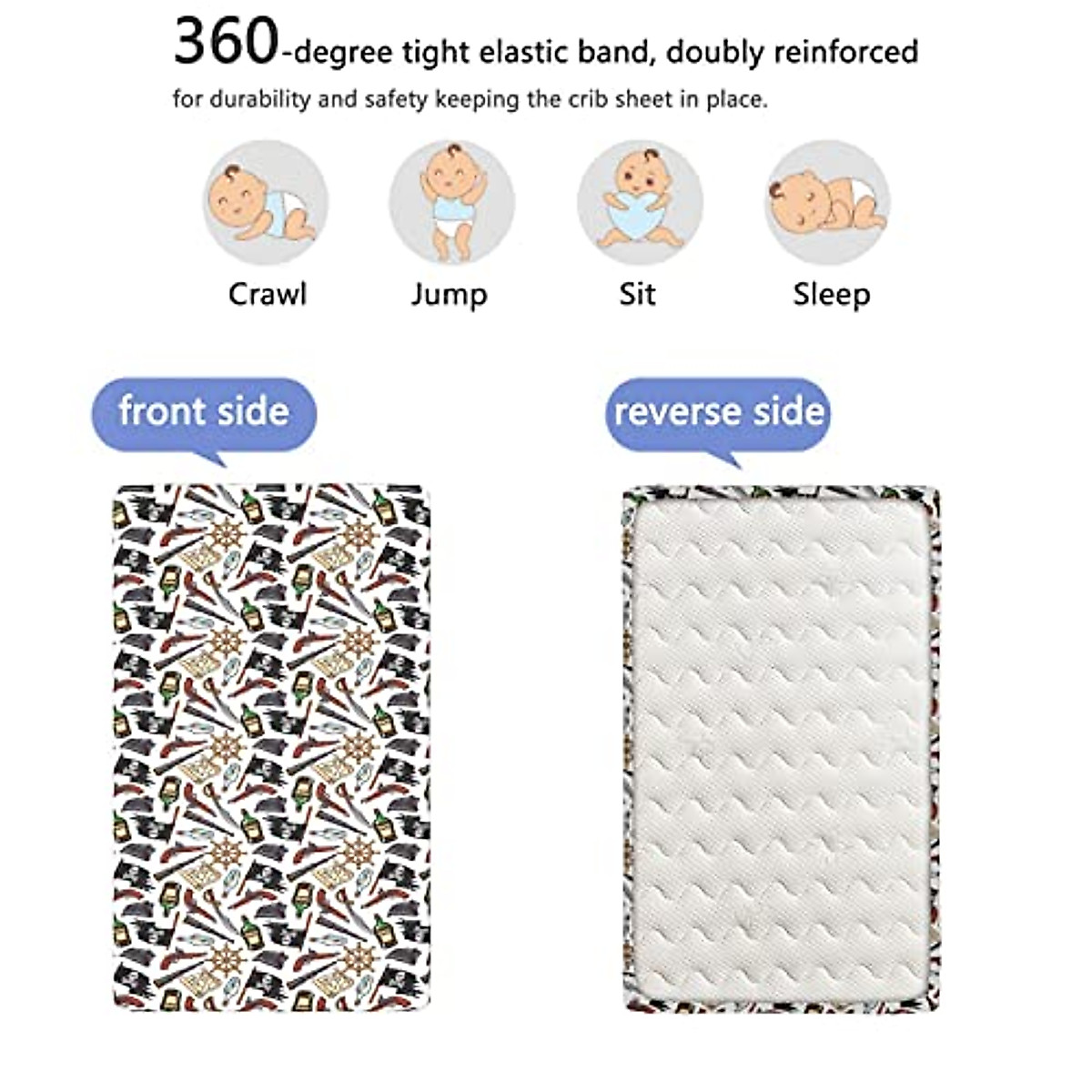 Pirates Themed Fitted Mini Crib Sheets,Portable Mini Crib Sheets Soft & Stretchy Fitted Crib Sheet-Baby Crib Sheets for Girl or Boy,24“ x38“,Multicolor