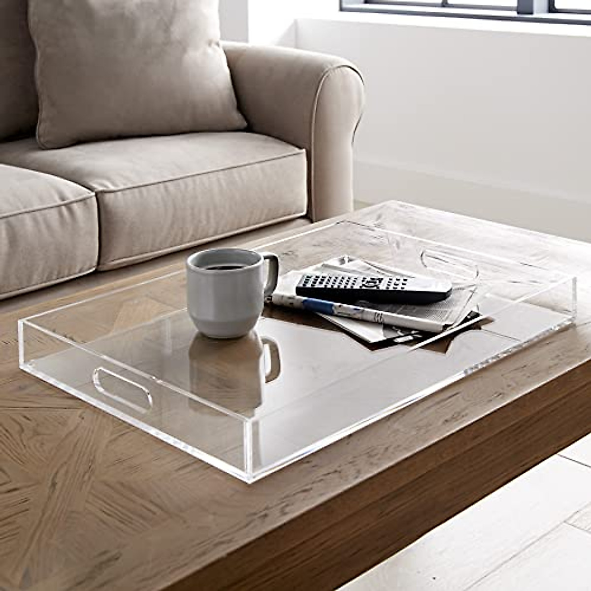 Huang Acrylic Clear Premium Rectangle Acrylic Tray with Handles 23" x 16" x 2.25" for Serving, Decor, Coffee Tables