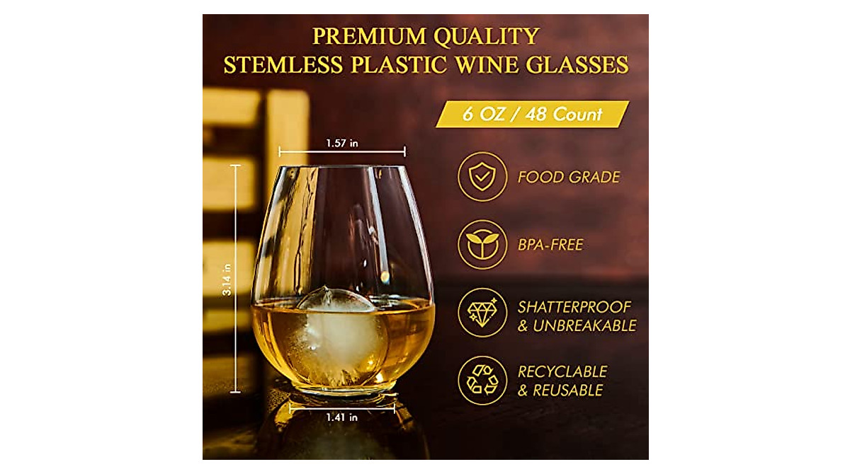 FOCUSLINE 48 Pack Stemless Plastic Wine Glasses