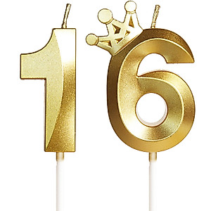 16th Birthday Candles for Cake, Number 16 Gold Candles with Crown, 3D Design Birthday Cake Topper for Boy Girl Women Men Pet Birthday Party Wedding Anniversary Celebration Decorations Supplies