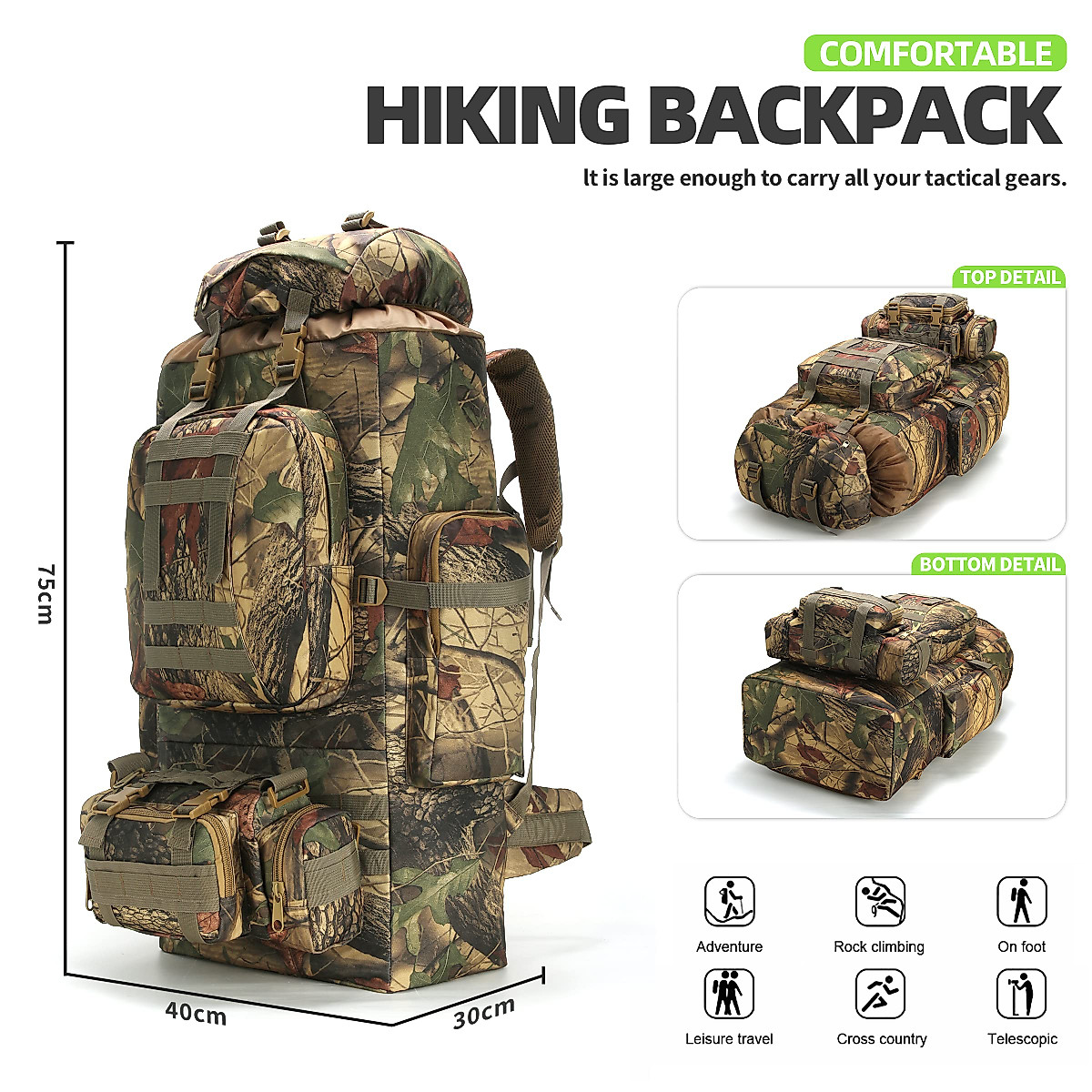 King'sGuard 100L Camping Hiking Backpack Molle Rucksack Military Camping Backpacking Daypack (MapleLeaf)