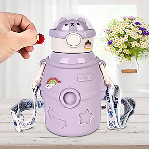 Kawaii Water Bottle with Straw: 17oz Cute Water Bottles, Stainless Steel Water Bottle with Stickers and Adjustable Strap, Portable Cartoon Astronaut Thermos for School Outdoor Sports Travel (Purple)