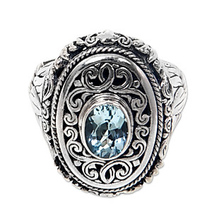 NOVICA Artisan Handmade Blue Topaz Cocktail Ring 1.5 Carat Sterling Silver Single Stone Indonesia Serenity Airy Birthstone [crownbezel 1 in L x 0.7 in W x 0.4 in D Band Width 4 mm W] ' Island Blue'