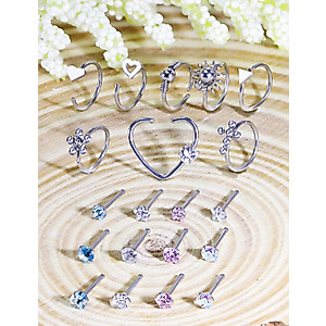 Kridzisw Nose Ring for Women 20g Star Heart Nose Ring Hoop Nose Ring Stud Straight Silver Nose Stud Pin Bone Stainless Surgical Steel Small Cute Real Nose Hoop Ring Nose Piercing Jewelry for wome Men