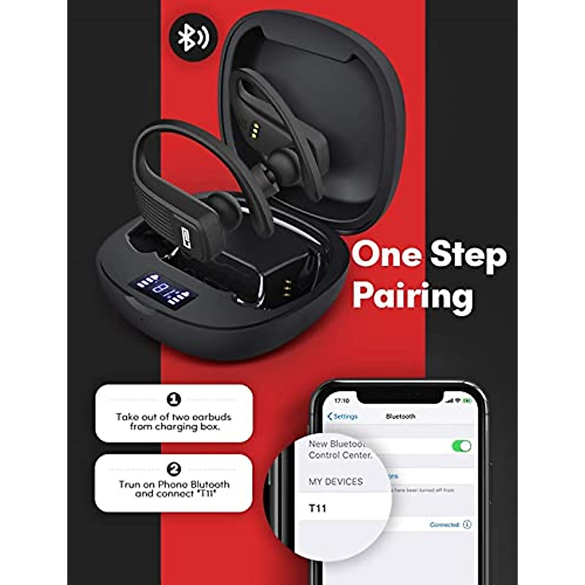 LeCuy Wireless Earbuds Designed for Sports Such as Running, Workouts, Gaming. Bluetooth Headphones Deep Bass True Wireless Stereo HiFi Sounds. Waterproof IPX5 and Friendly LED Display Charging case