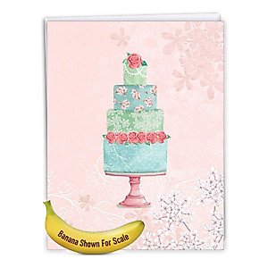 NobleWorks - 1 Beautiful Wedding Congratulations Notecard w/Envelope (Big 8.5 x 11 Inch) - Floral Layered, Newlywed Marriage Gift from All of Us for Bride, Groom - Watercolor Cake J2984FWDG-US