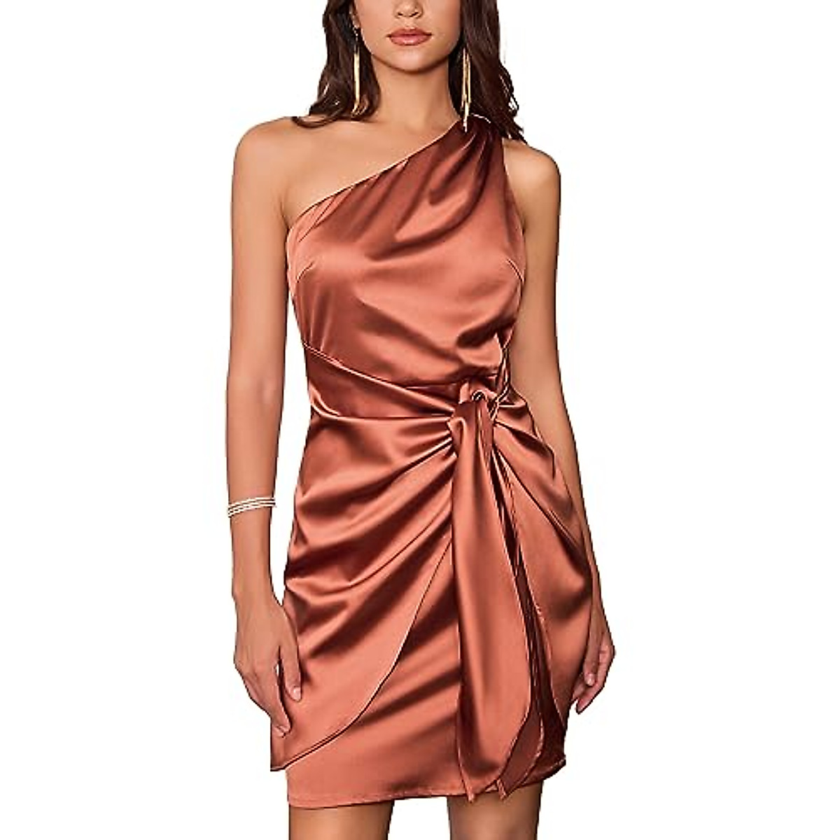 GRACE KARIN Satin Dresses for Women 2023 Elegant Wedding Guest Sleeveless One Shoulder Mini Dress Brown
