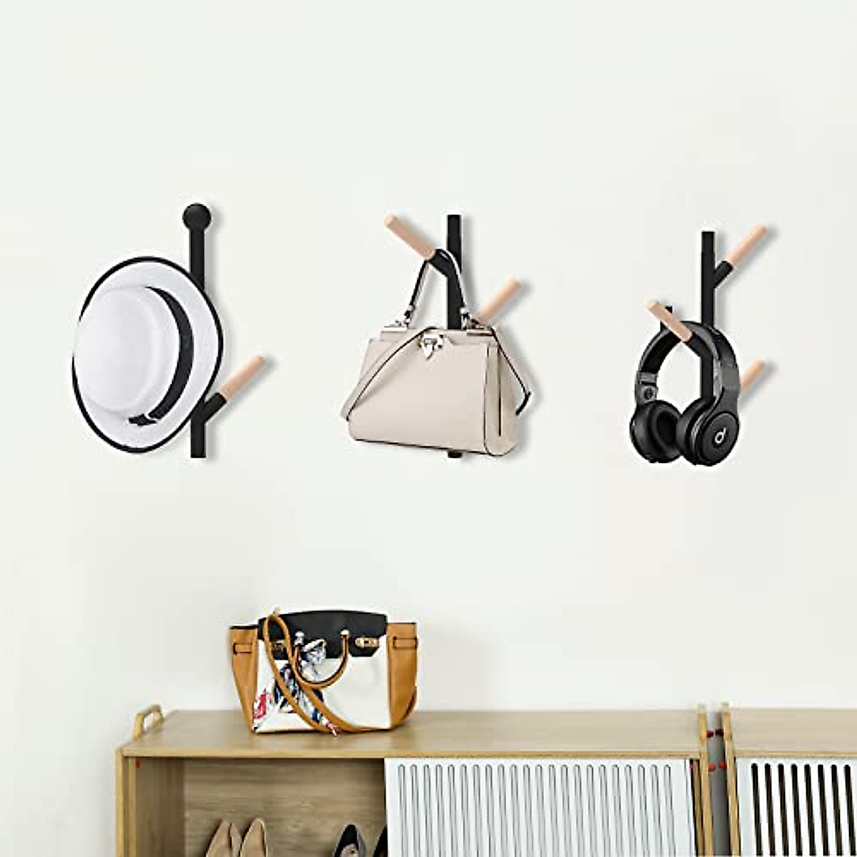 X-cosrack Wall Mounted Coat Rack Splicable Metal & Wood Hat Hanger Rack with 8 Hooks, 3-in-1 Tree Hanger Organizer for Coat Bag Scarves Clothes for Entryway Hallway Bedroom