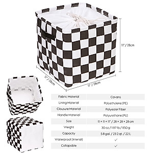 Hinwo 3-Pack Cubic Organizer Shelf Bins, Canvas Fabric Storage Baskets with Handles, 22L/5.8-Gal Square Storage Bins, Cubes, Collapsible Storage Box, 11 x 11 x 11 Inches (S, Black Checkerboard)