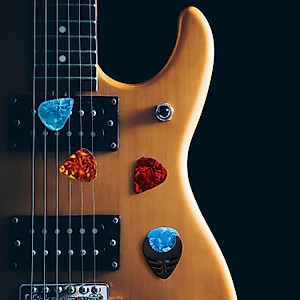 Guitar Picks & Guitar Picks Holder, 2 Black Stick-on Holders, 20 Pieces Guitar Picks, 1 Storage Case, Easy to Paste Suitable for Guitar/Electric Guitar/Bass/Ukulele (Colorful Celluloid Guitar Picks)