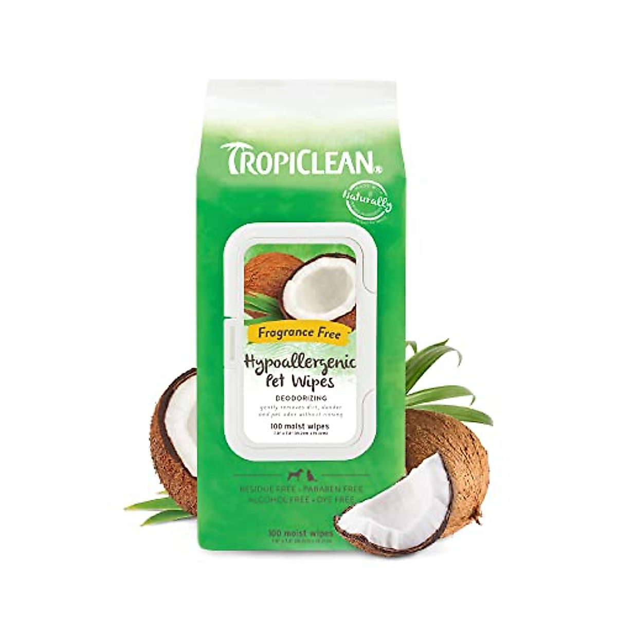 TropiClean Hypoallergenic Dog Wipes for Paws and Butt | Fragrance Free Dog Grooming Wipes | Safe for The Face | Puppy & Cat Friendly | 100 Count