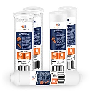 Aquaboon 1 Year RO Units Replacement Filter Kit 5 PACK Carbon, Sediment, Inline, 5 Micron 10 x 2.5 inch Cartridges, Compatible with DWC30001, WFPFC8002, FXWTC, WHEF-WHWC, WHKF-WHWC, DGD series