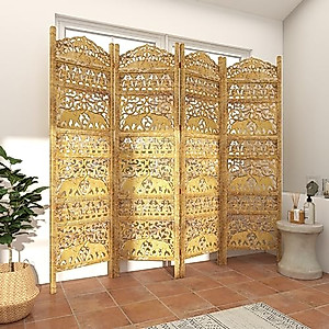 Deco 79 Wooden Scroll Handmade Partition Room Divider Screen Hinged Foldable Partition 4 Panel Privacy Screen with Carved Elephant Accents, Room Partition 80" x 1" x 72", Gold
