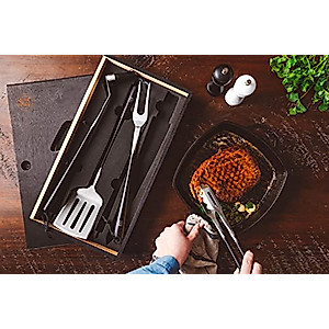 Schmidt Brothers - BBQ Carbon 6, 4-Piece Grilling Accessory Set, Full-Forged Stainless Steel Grilling Utensils Including Spatula, Fork, Basting Brush, and Tongs with All Wood Handles