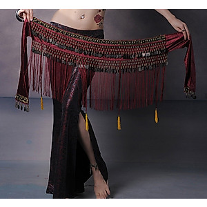 ZLTdream Women's Belly Dance Tribal Hip Scarf with Fringe Coins Flannel Dark Red, One Size