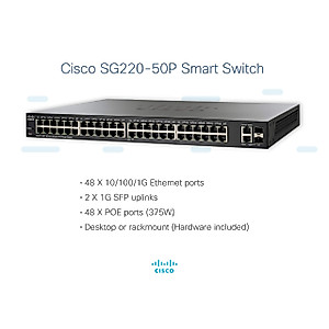 Cisco SG220-50P Smart Switch | 50 Gigabit Ethernet (GbE) Ports | 2 Gigabit Ethernet Combo | 375W PoE | Limited Lifetime Protection (SG220-50P-K9-NA)