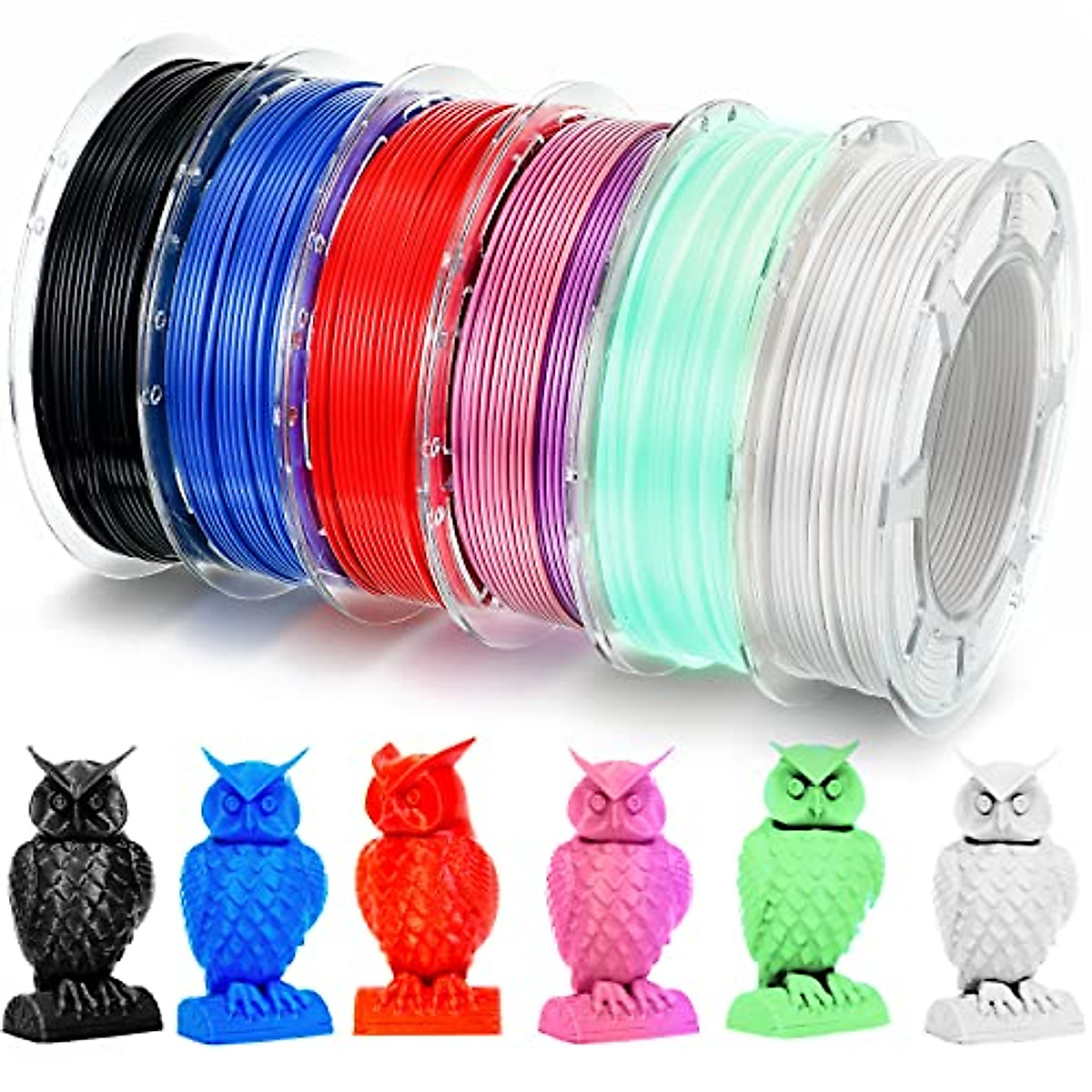 6 Colors PLA 3D Printer Filament Bundle 1.75mm PLA Printing Material Each Roll 200g Vacuum Packaging Printing Filament Dryer Black Red Blue White Rainbow Fluorescent Green Filament Supplies