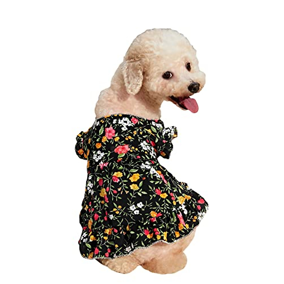 QWINEE Flower Print Dog Dress Ruffle Sleeve Puppy Princess Dress Casual Lightweight Party Vacation Dresses for Small Medium Cats Dogs Black M