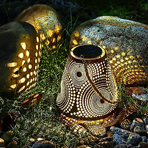 Large Outdoor Hanging Solar Lantern, Waterproof Garden Patio LED Solar Light, Dot Hollowed-Out Design Retro Landscape Metal Decorative Lanterns for Tree, Table, Floor, Yard Decor (1 Pack, Bronze)