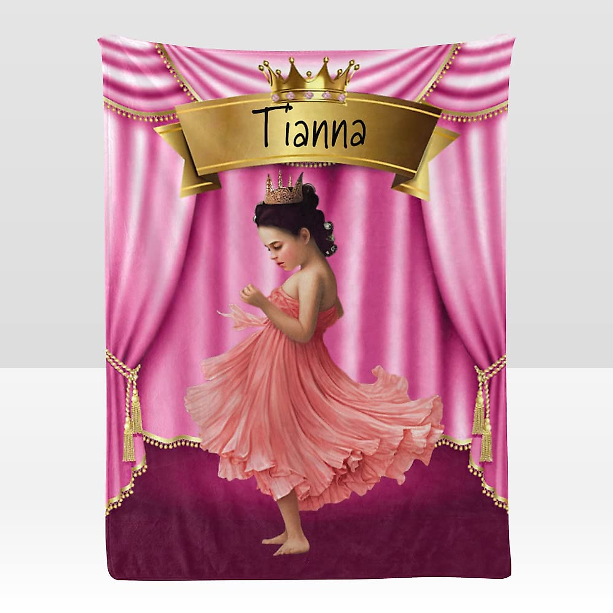 XOZOTY Personalized Girl Golden Hat Pink Stage Baby Blanket with Name Custom Baby Nursery Throw Fleece Blankets for Boys and Girls Birthday Tapestry 30 X 40inch