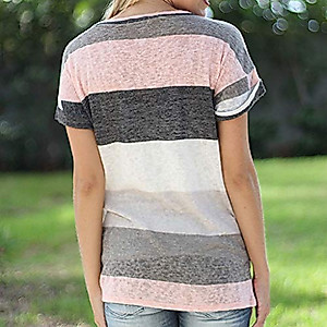 Women's Tunic Tops V-Neck Color Block Short Sleeve T-Shirt Stripe Print Pocket Blouse Gray