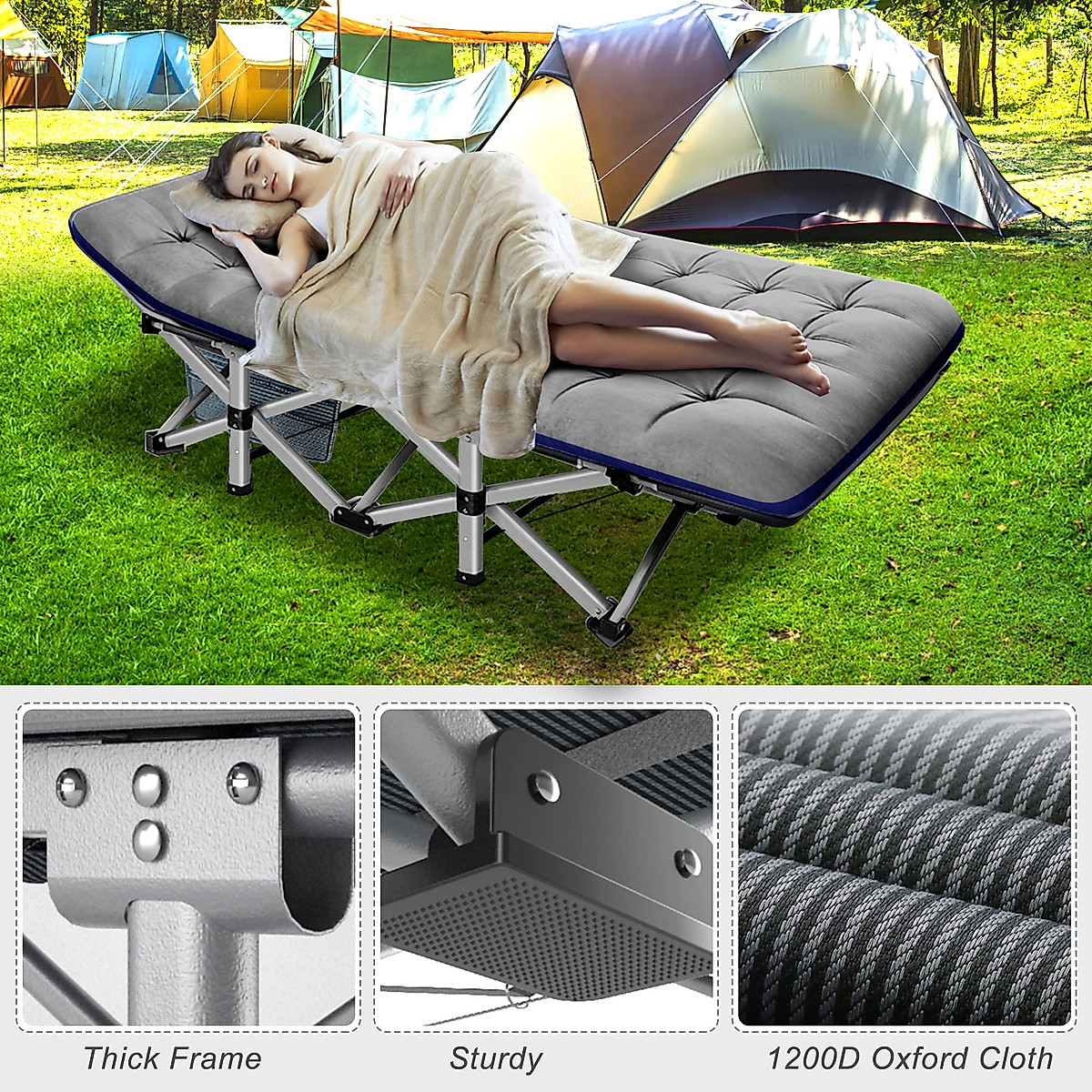 ABORON 2 Pack Folding Camping Cot W/Mat for Adults, Heavy Duty Outdoor Bed with Carry Bag,1200 D Layer Oxford Travel Camp Cots