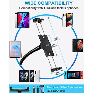 Gooseneck Tablet Mic Stand, woleyi Phone iPad Holder for Microphone Stand [Metal Arm Clamp] 360° Swivel Tablets Music Mount, Compatible with iPad Pro 12.9 Air Mini, iPhone, Galaxy Tabs, 4-13" Devices