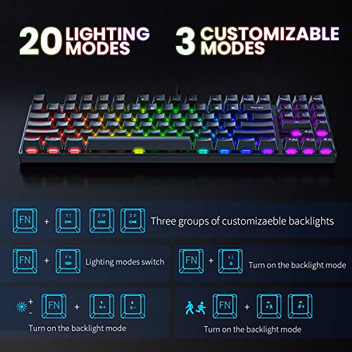SIMGAL Wired Mechanical Keyboard and Mouse Combo, 89 Keys Rainbow Backlit Gaming Keyboard with Number Keys & Blue Switch for PC Gamer Laptop, Up to 6400 DPI Mouse with 7 Buttons (Black with Mouse)