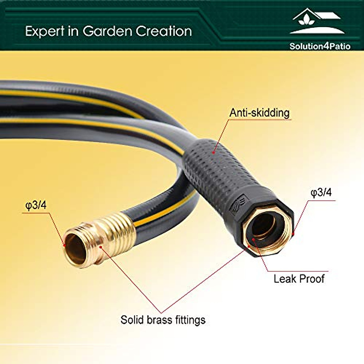 Solution4Patio Homes Garden Hose No Kink 3/4 in. x 25 ft. Black Water Hose, No Leaking, Heavy Duty, High Water Pressure, Male/Female Brass Fittings 12 Year Warranty #G-H165B09, No DOP, ECO-friendly