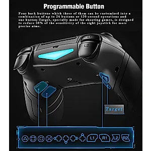 COWBOX 【2021 Upgraded Version】 Wireless P4 Controller with 3 Programmable Back Buttons and 1 Sensitivity-Control Back Button, Game Controller Remote with Turbo/Gyro/HD Dual Vibration/Touch Panel/LED