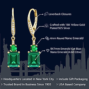 Gem Stone King 18K Yellow Gold Plated Silver Green Nano Emerald Dangle Earrings For Women (4.60 Cttw, Gemstone May Birthstone, Emerald Cut 9X7MM)
