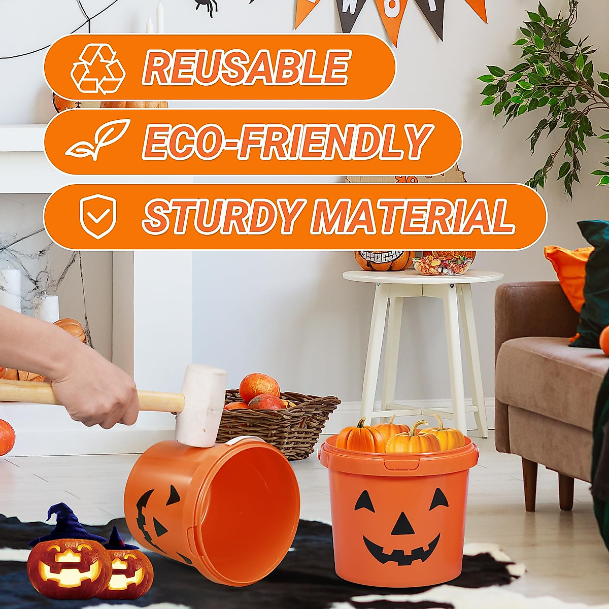 ASEVAT 4-Pack Christmas Candy Buckets, Large Christmas Candy Buckets, Christmas Buckets, Christmas Buckets for Trick or Treat in Bulk for Home, Kids, Bars, and Schools. (Orange, 100oz)