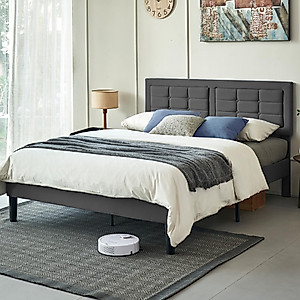VECELO Full Size Bed Frame with Adjustable Headboard, Upholstered Button Tufted Platform Bedframe with Wood Slats Support, No Box Spring Needed, Dark Gray