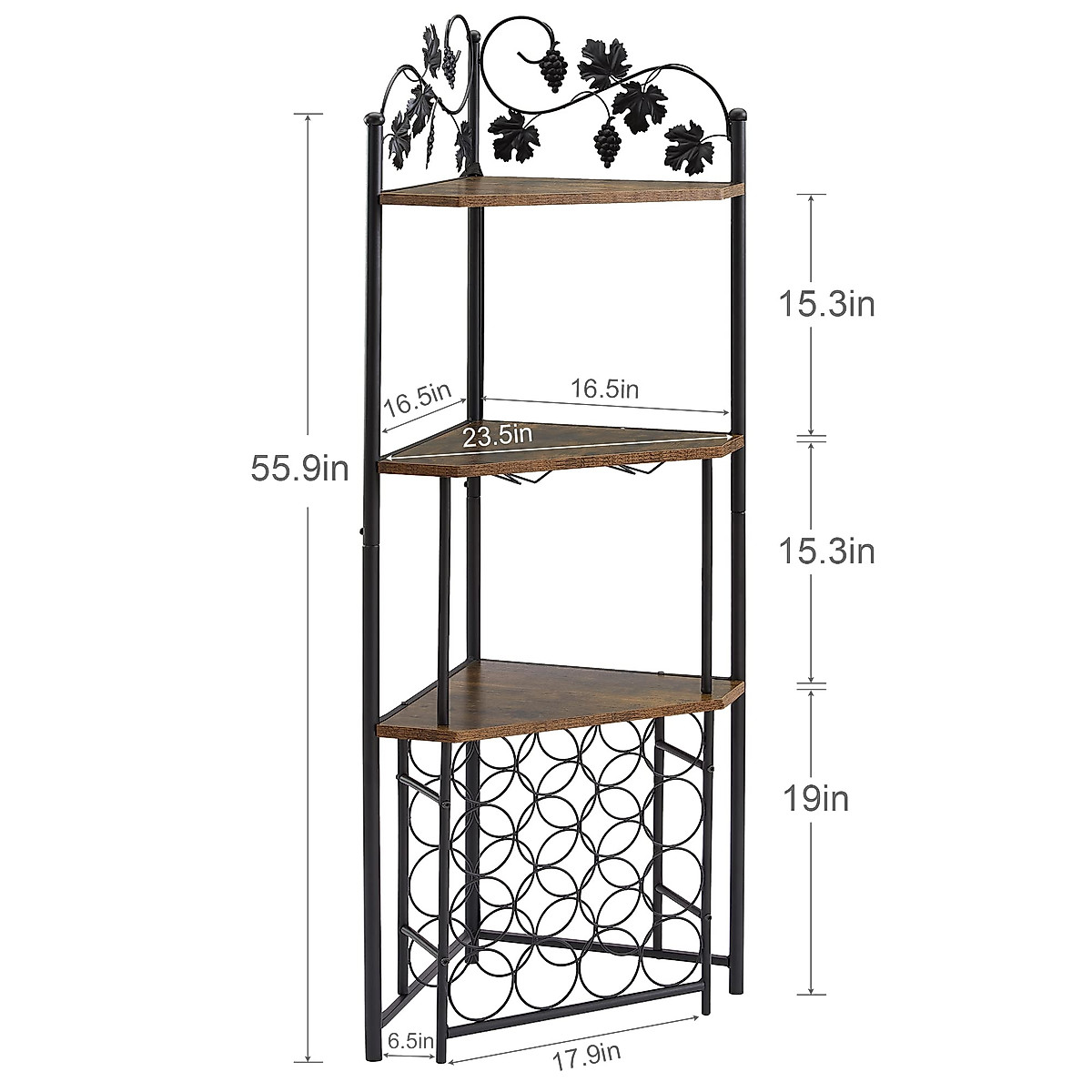 VECELO 3-Tier Corner Wine Rack Freestanding Floor with Glass Holder, 16 Bottles, Wooden Home Liquor Bar Cabinet Storage Display Shelf for Kitchen Dining Room, Rustic Brown