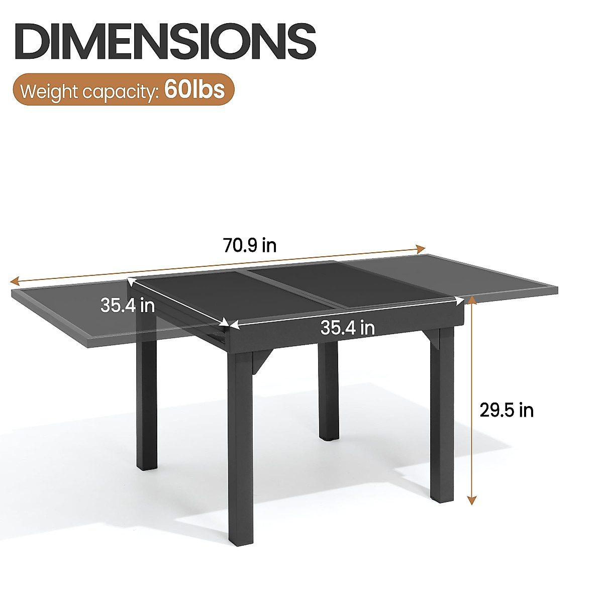 PATIOHIT Modern Aluminum Outdoor Dining Table - Expandable Patio Glass Dining Table for 6-8, Extendable Aluminum Patio Extender Table 35" to 70" for Backyard, Porch, Deck, Garden - Dark Grey
