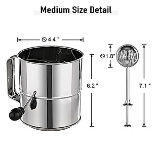 PIQUEBAR Flour Sifter - 5 Cup Fine Mesh Hand Crank Sifter Stainless Steel with Agitator Wire Loop for Baking, Powdered Sugar Duster Set