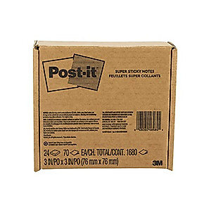 Post-it Super Sticky Notes, 3x3 in, 24 Pads/Pack, 70 Sheets/Pad, Amazon Exclusive Bright Color Collection, Aqua Splash, Acid Lime, Tropical Pink and Iris Infusion