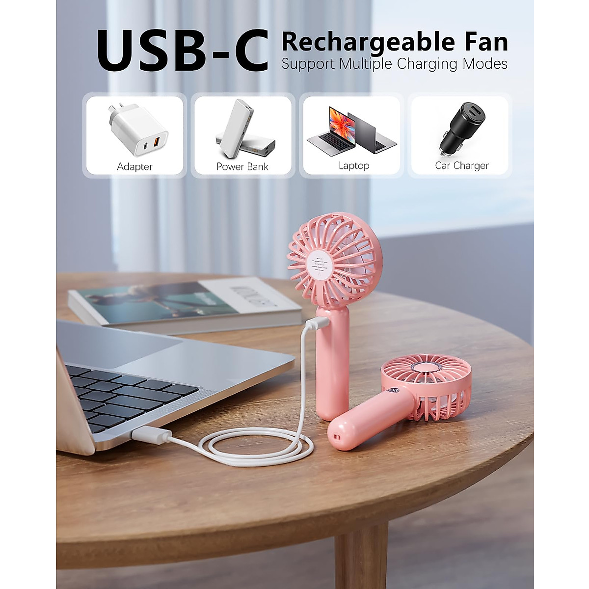 RNKRUN Portable Mini Fan, HandHeld Small Personal Battery Operated Fan Quiet usb Rechargeable 3 Speed makeup Lash Fan for Outside Travel Patios Indoor Shop Women Men Kids Girl Eyelash, pink