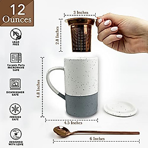 Mora Ceramics Tea Cup with Loose Leaf Infuser, Spoon and Lid, 12 oz, Microwave and Dishwasher Safe Coffee Mug - Rustic Matte Ceramic Glaze, Modern Herbal Tea Strainer - Great Gift for Women, Flint