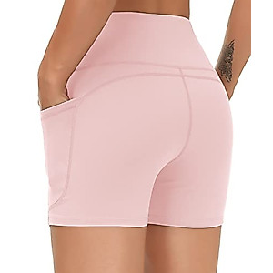 THE GYM PEOPLE High Waist Yoga Shorts for Women's Tummy Control Fitness Athletic Workout Running Shorts with Deep Pockets (Medium, Pink)