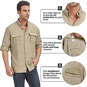 Men’s Long Sleeve Shirts UV UPF 50 Sun Protection Hiking Fishing Safari Shirt Quick Dry Cool Utility Blouse (5052 Khaki S)
