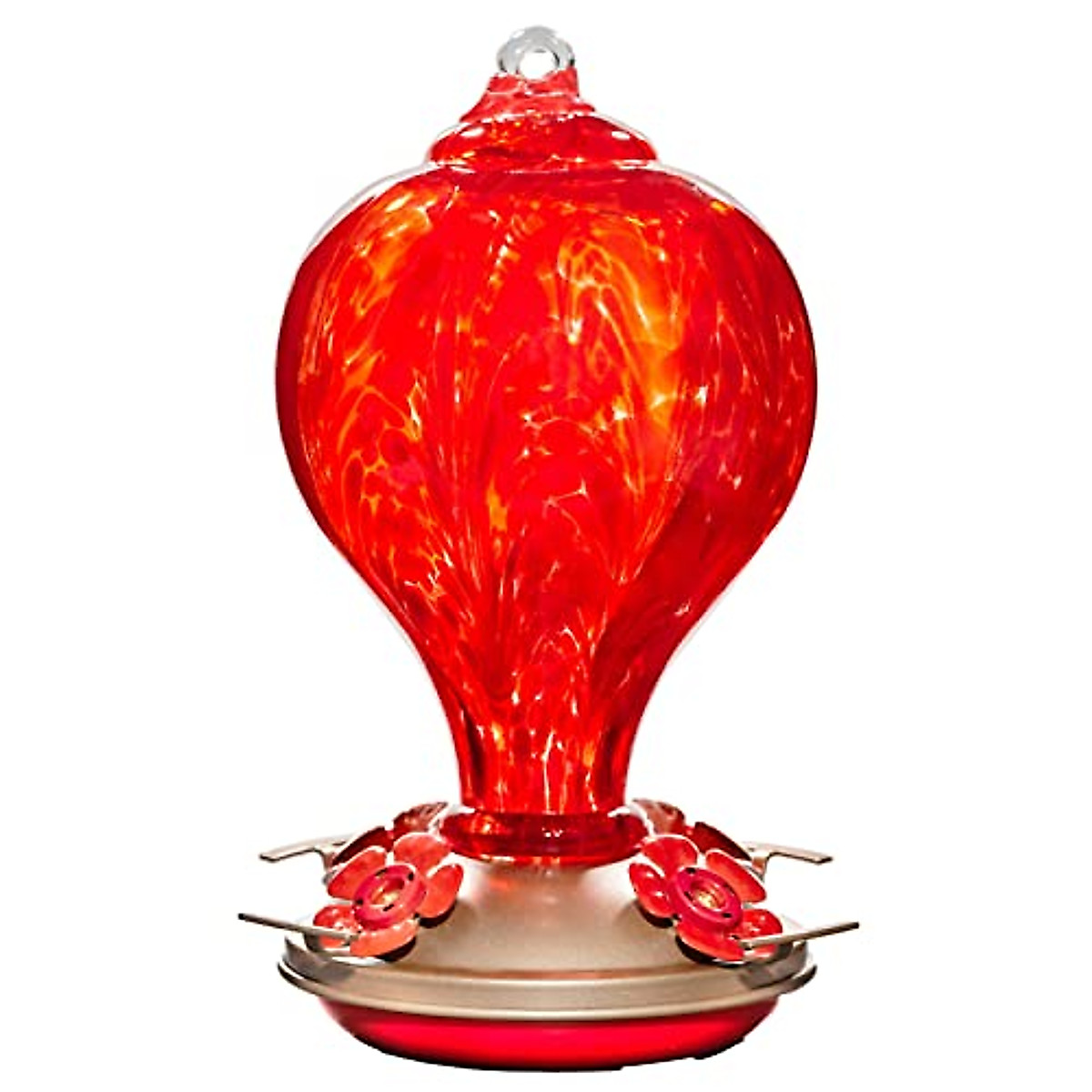 LaElvish Garden Hummingbird Feeders for Outdoors Hanging, 32OZ Hand Blown Glass Hummingbird Feeder for Outside, 4 Perch Ant Moat Leakproof, Garden Decor, Backyard Bird Gifts for Mom (Red Lily)