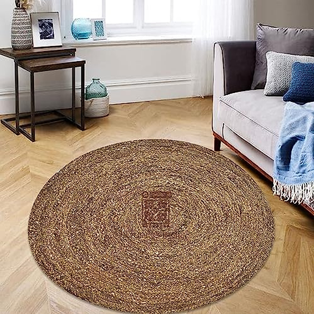 Durrie India 4 Ft. Natural Oak Brown Water Hyacinth Area Rug Round Braided Rustic Rug - Vintage Woven Rug - Water Hyacinth Rugs for Bedroom, Kitchen, Living Room, Farmhouse (4 Ft Round)