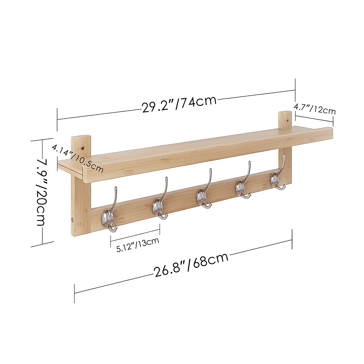 SMIBUY Coat Hooks with Shelf Wall-Mounted, 29.2 Inch Entryway Coat Rack for Wall, Bamboo Hanging Shelf with 5 Double Metal Hooks for Bathroom, Bedroom, Kitchen, Living Room, Mudroom (Natural)