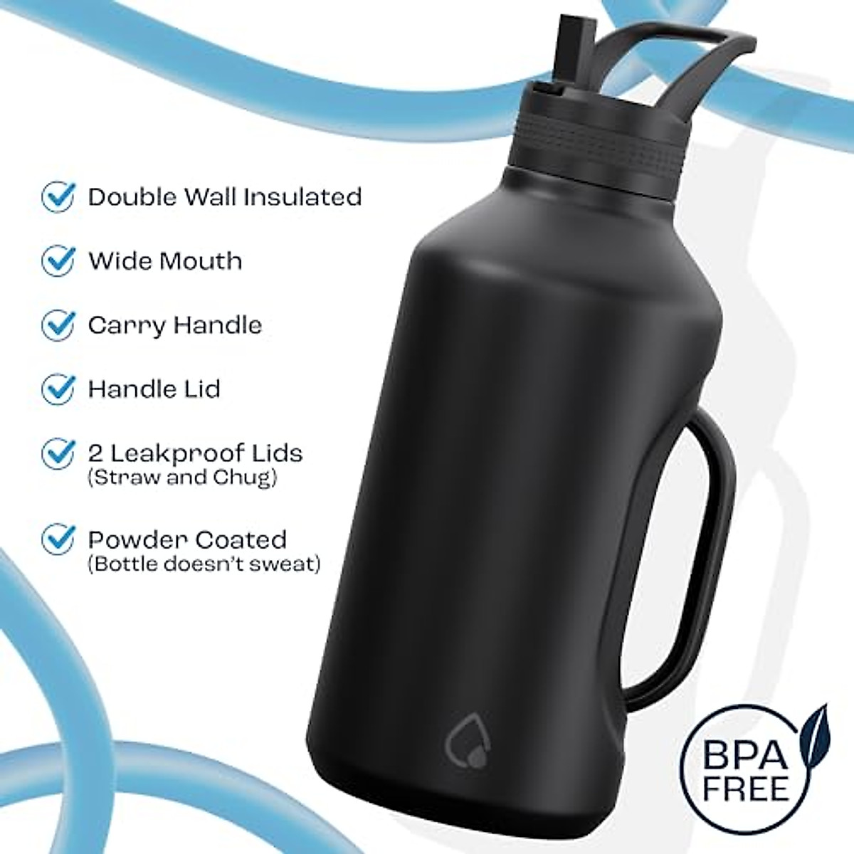 AQUAFIT Insulated Water Bottle 64 oz with Handle - Straw and Chug Lid - Stainless Steel Water Bottles - 64 oz Water Bottle - 64oz Insulated Water Bottle with Straw (64 Ounces, Midnight Black)